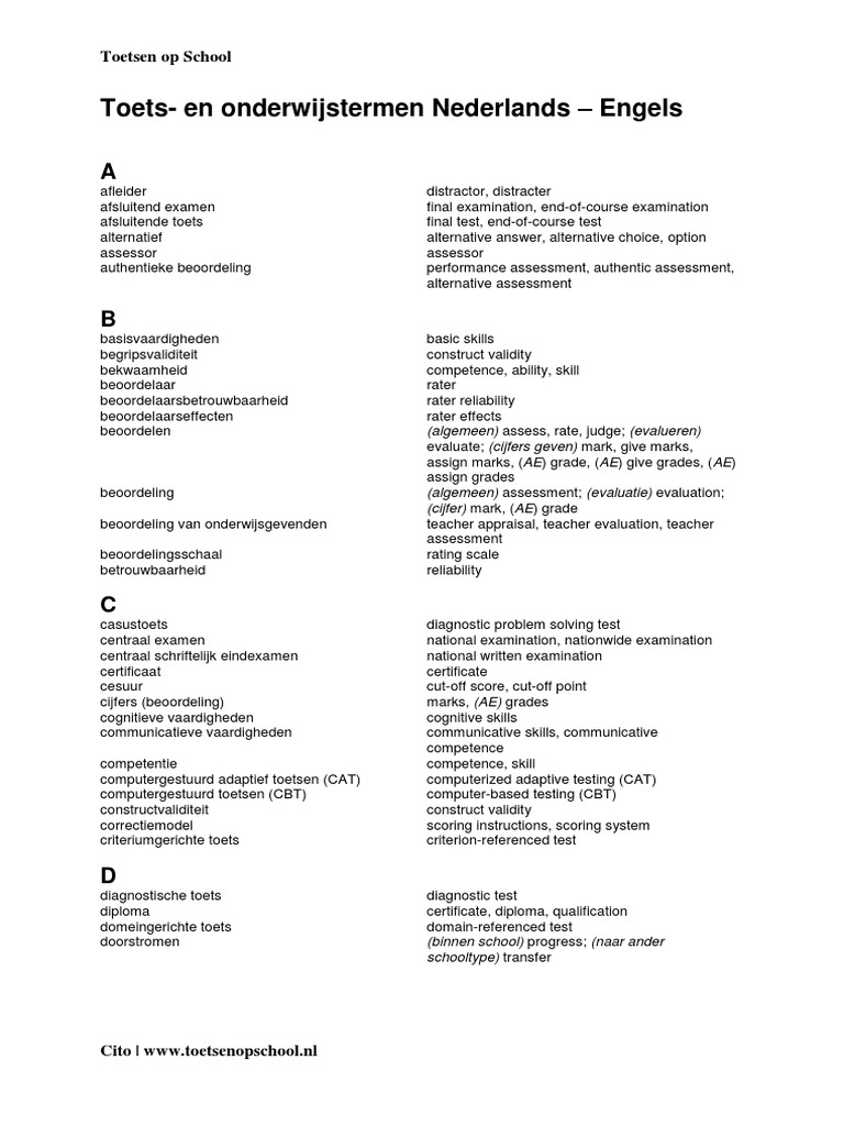 Toets- en Onderwijstermen Nederlands-Engels | PDF | Psychometrics ...
