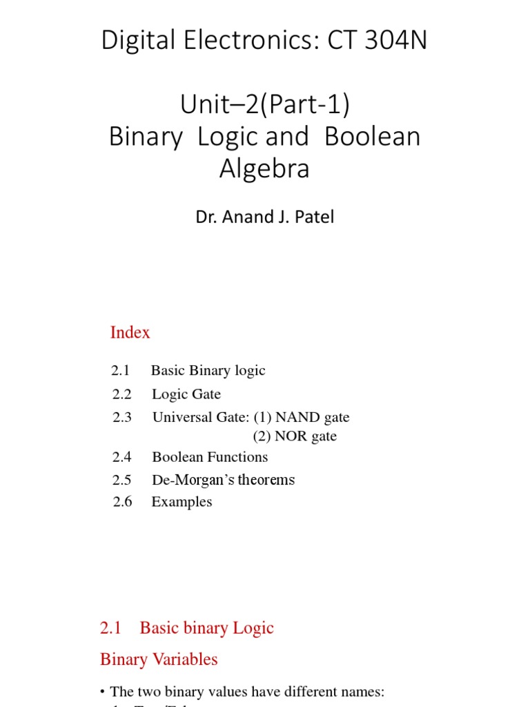 Digital Electronics: CT 304N Unit-2 (Part-1) Binary Logic and Boolean Algebra | PDF | Logic Gate ...