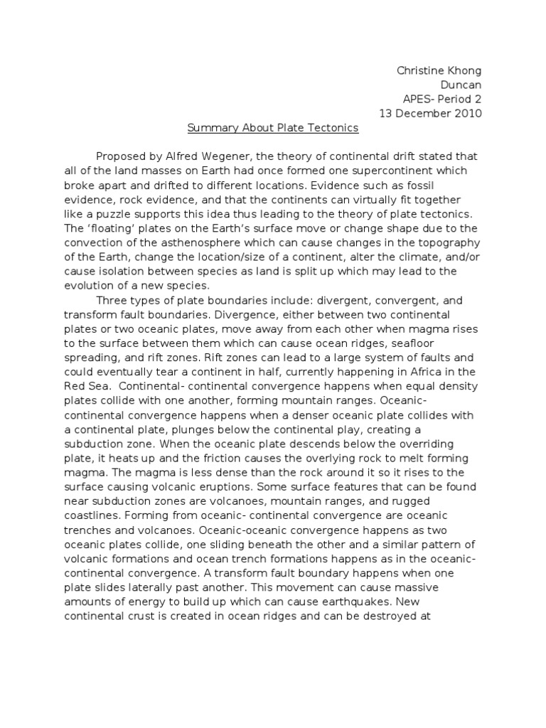 Summary About Plate Tectonics | PDF | Plate Tectonics | Volcano