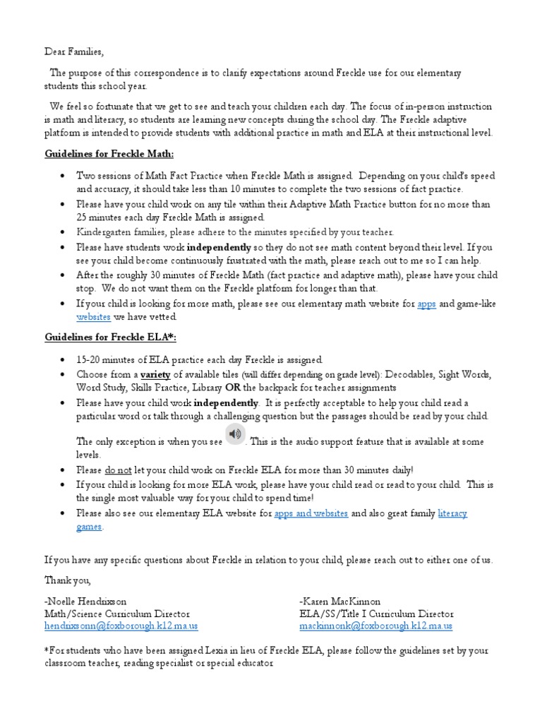 Freckle Parent Letter-Elementary | PDF | Teachers | Literacy