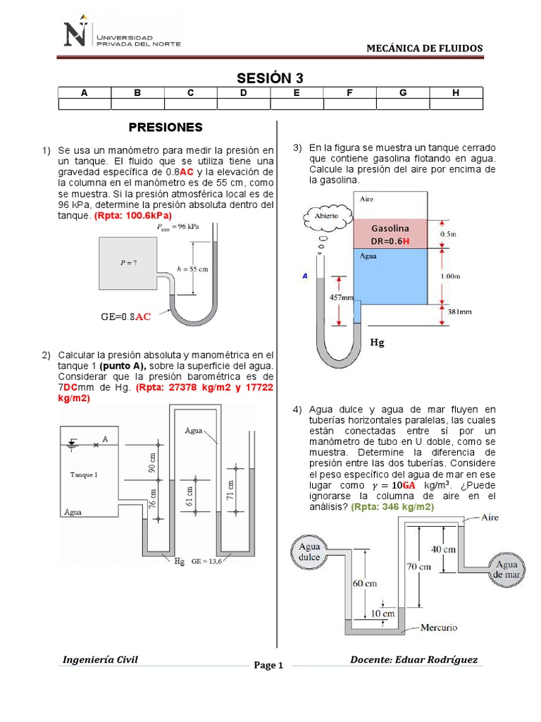 Sesión 3 - MECFLU - Estática de Los Fluidos - Presión - Ejercicios | PDF | Medida de presión ...