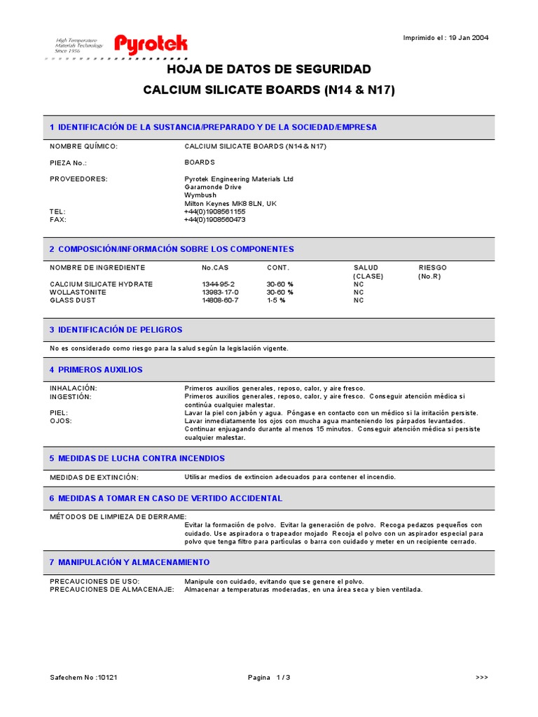 A-04 Silicato Calcico N14 & N17 - Monalite - (Pyrotek) | PDF | Polvo ...