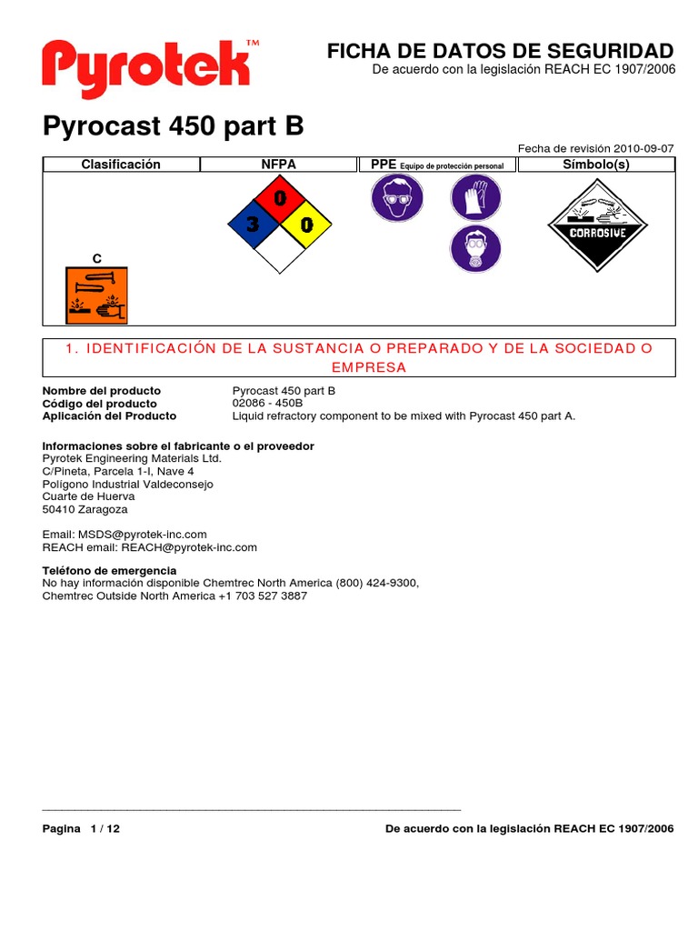 Ficha de datos de seguridad para Pyrocast 450 part B | PDF | Quemar | Residuos