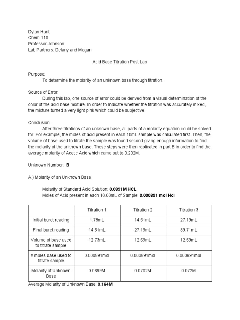Acid Base Titration Post Lab | PDF | Titration | Chemistry