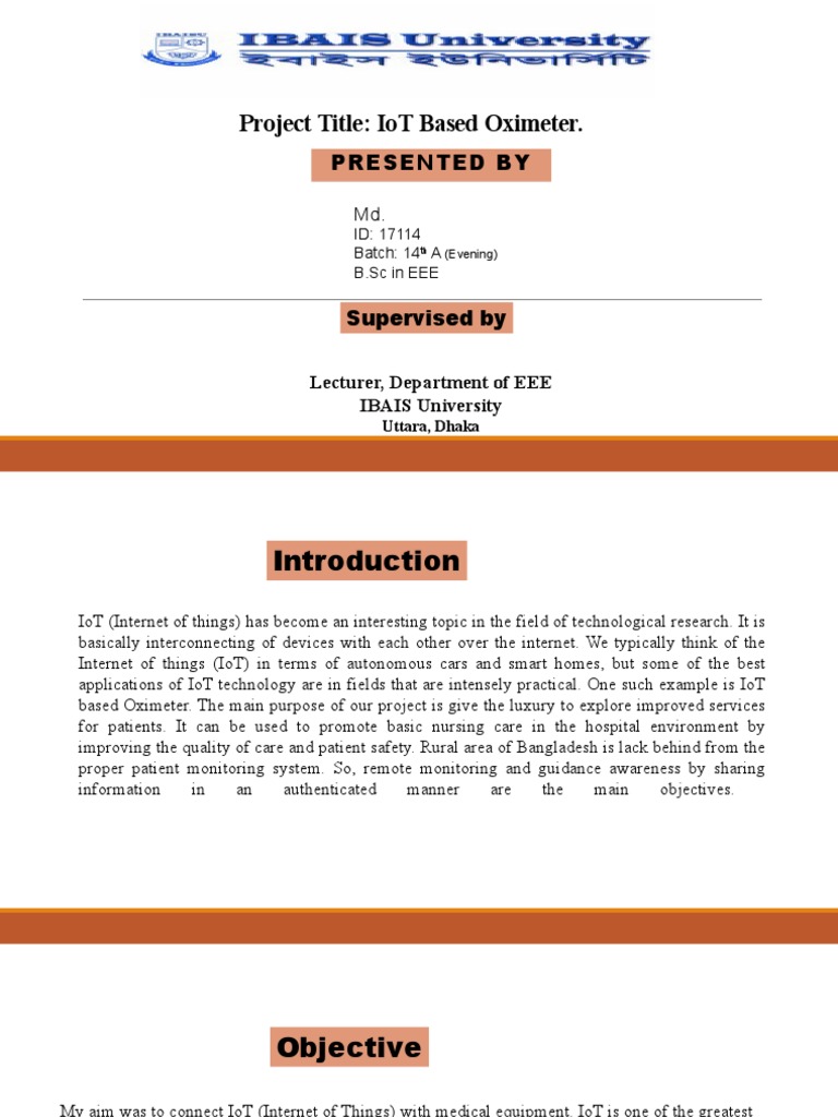 Project Title: Iot Based Oximeter.: Presented by | PDF | Internet Of Things | Computing
