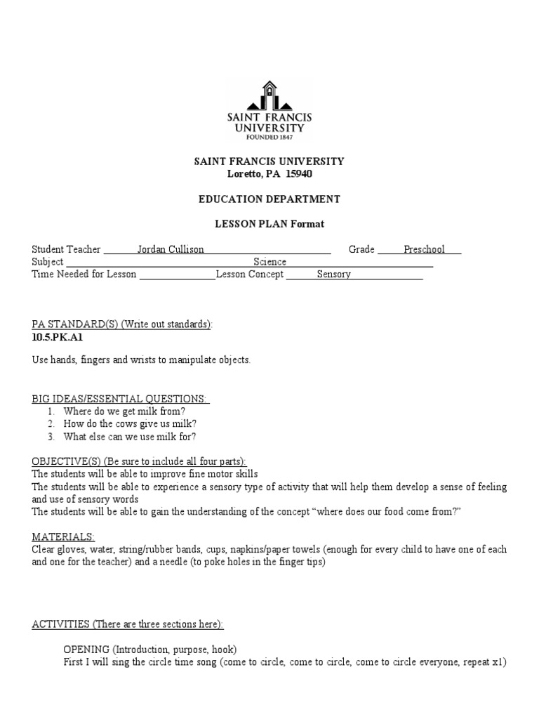Saint Francis University Loretto, PA 15940 Education Department Lesson ...