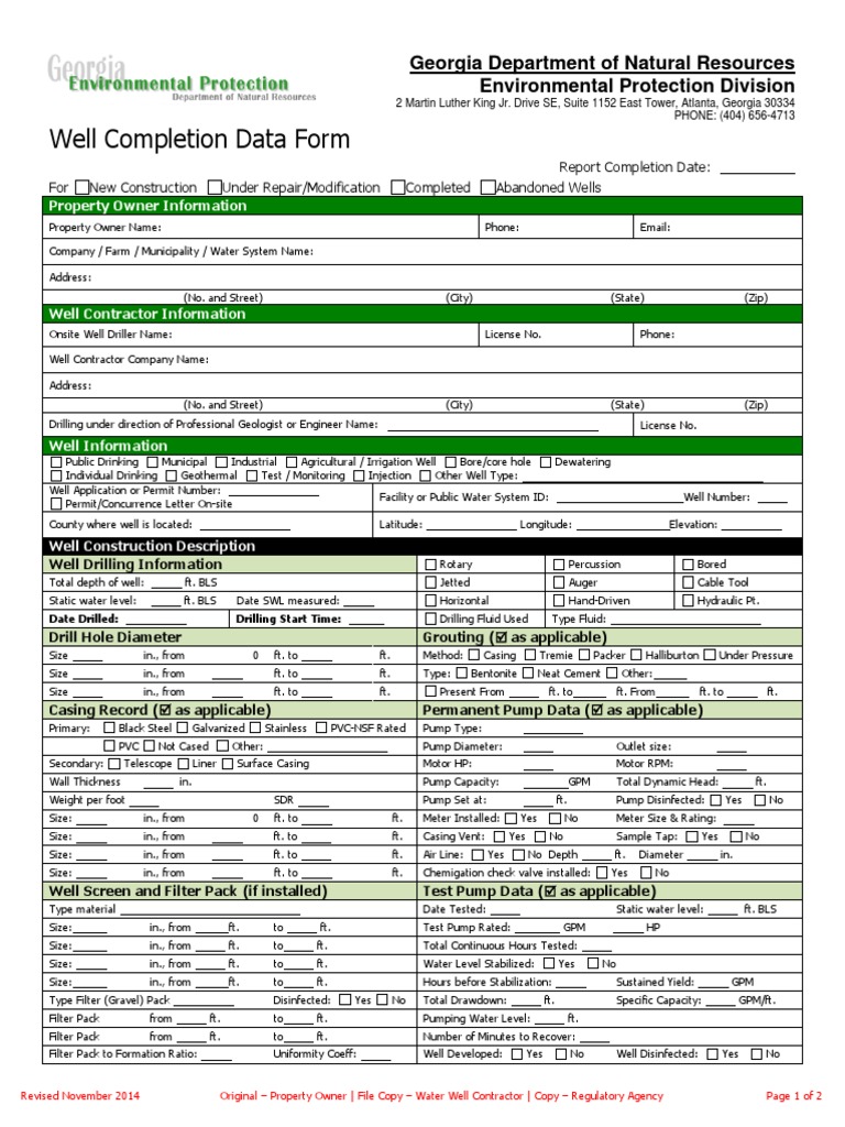 Well Completion Data Form: Georgia Department of Natural Resources ...