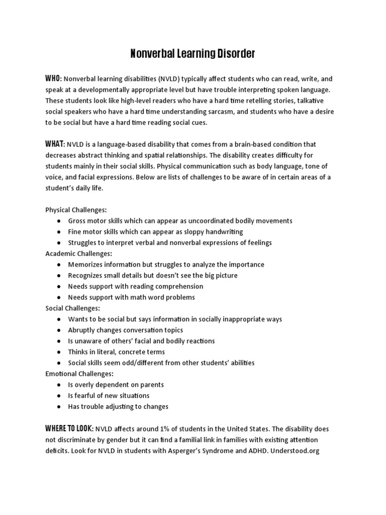 Non-Verbal Learning Disorder | PDF | Nonverbal Communication | Learning ...