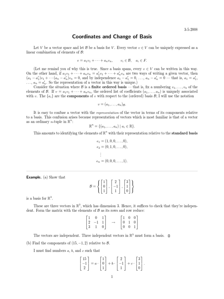 Coordinates and Change of Basis: 1 1 N N I I | PDF | Basis (Linear ...