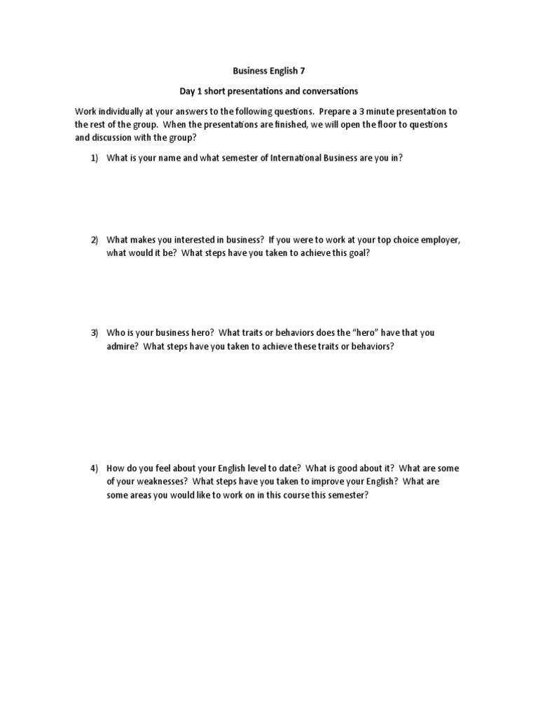 Business English 7 Day 1 Short Presentations and Conversations | PDF ...