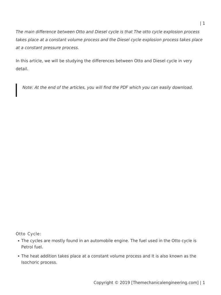 Difference Between Otto Cycle and Diesel Cycle (Notes & PDF) | PDF ...