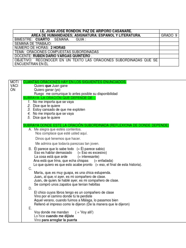 Guia 15. Oración Subordinada. Noveno. Español. Guia para Estudiante ...