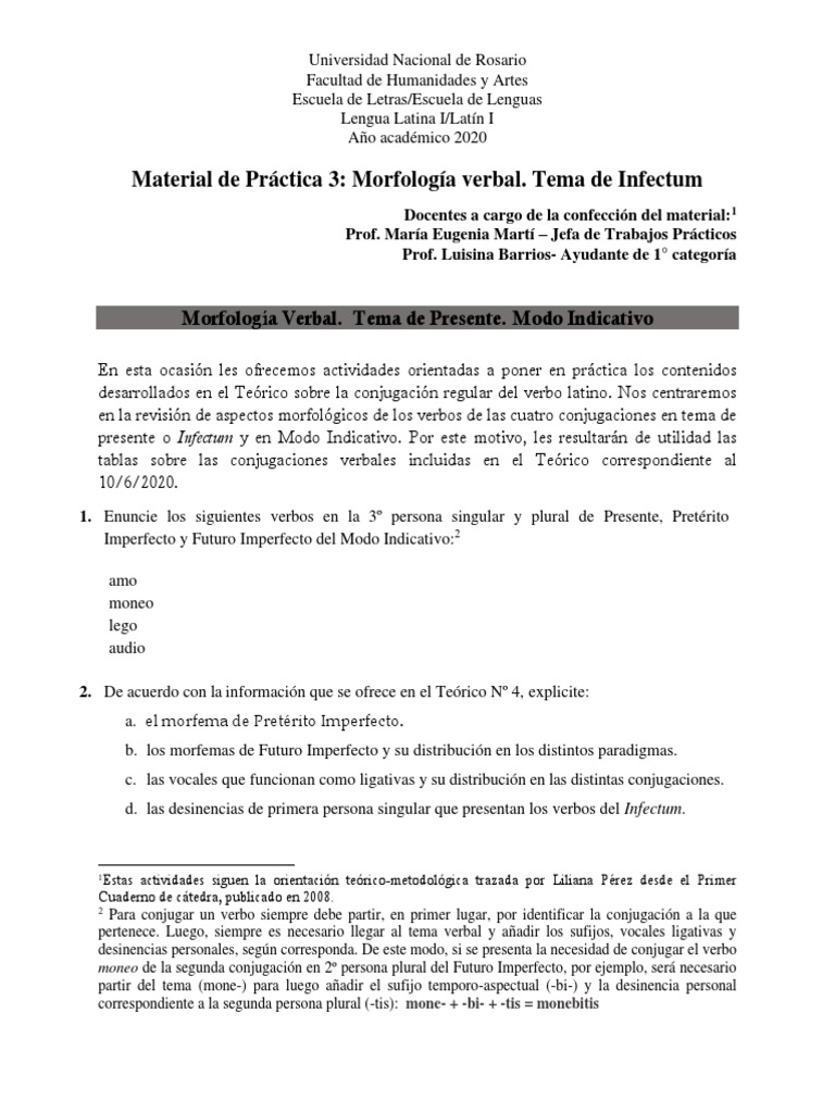 Práctica #3 Morfología Verbal. Tema de Infectum | PDF | Conjugación ...