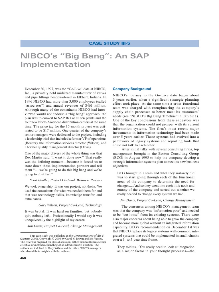 NIBCO's "Big Bang": An SAP Implementation: Case Study Iii-5 | PDF ...