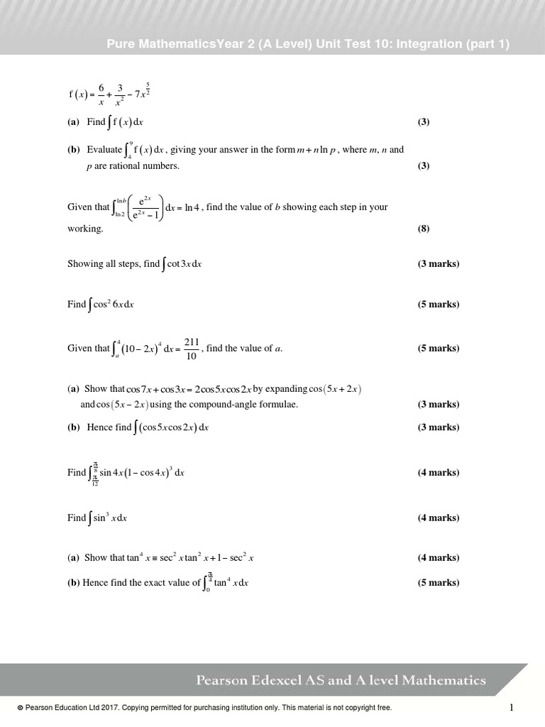 Pure Mathematicsyear 2 (A Level) Unit Test 10: Integration (Part 1 ...