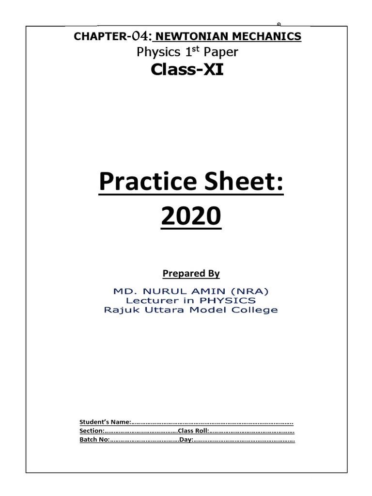 Lecture Series Chap 4 Newtonian Mechanics For Class Xi by 2o2o Lecture Sheet - 1 PDF | PDF ...