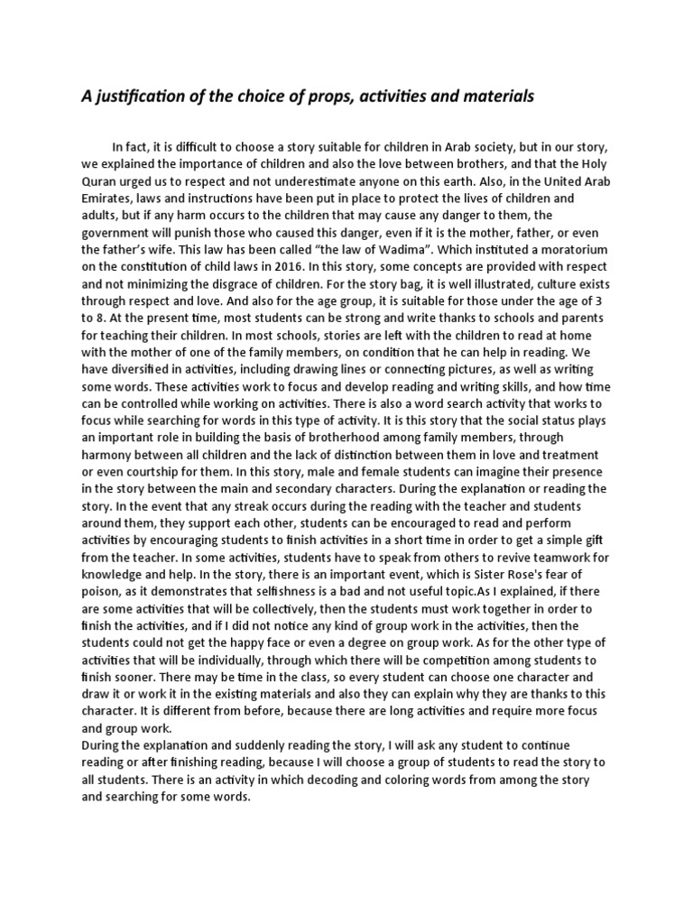 A Justification of The Choice of Props, Activities and Materials ...