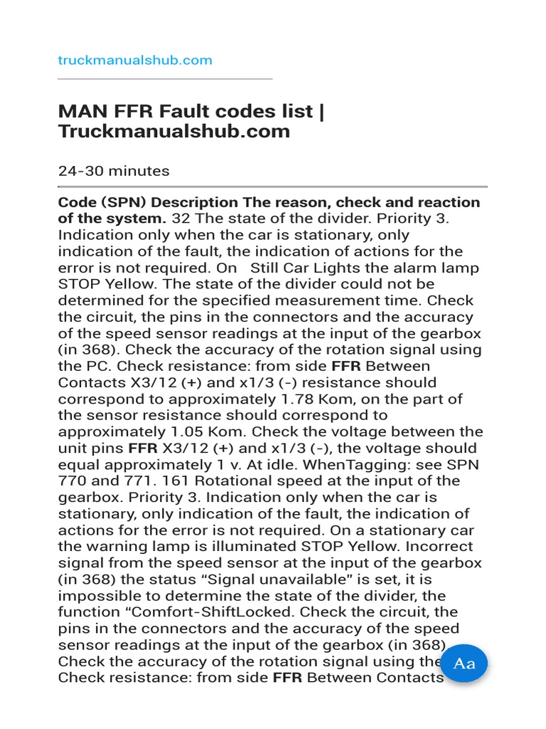 MAN FFR Fault Codes List | PDF | Electrical Resistance And Conductance | Switch