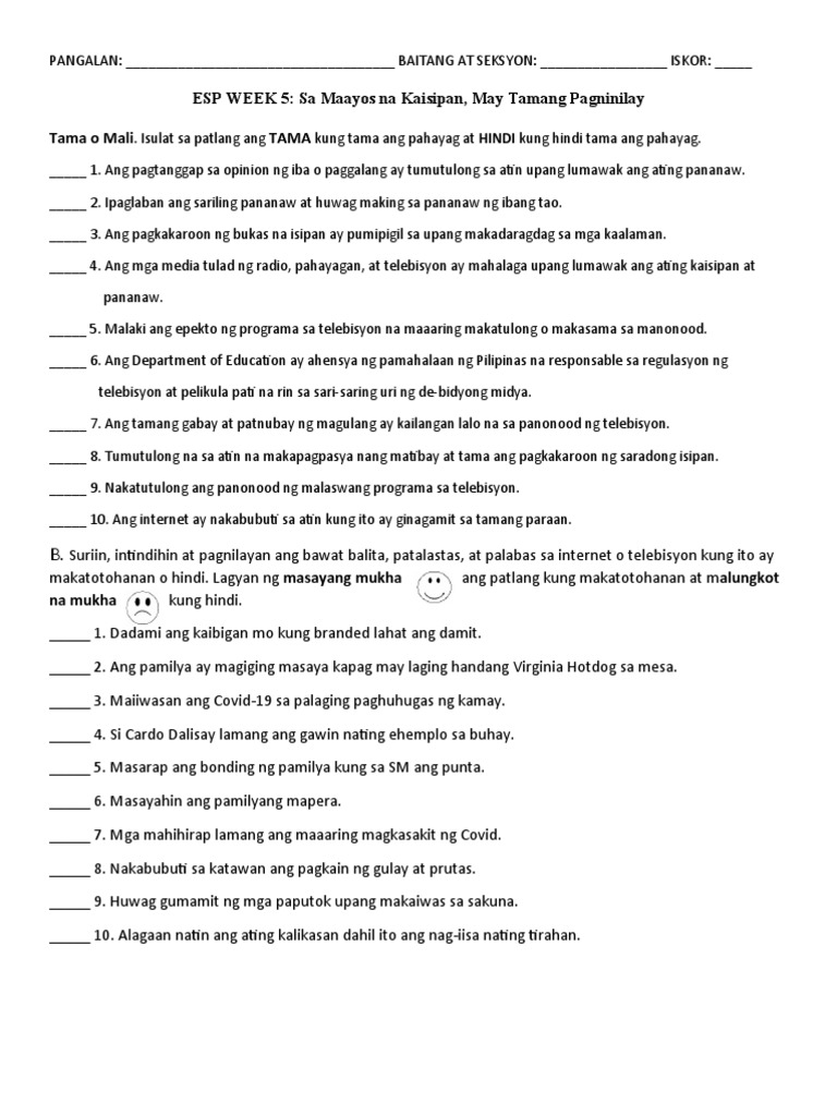 ESP WEEK 5 Sa Maayos Na Kaisipan, May Tamang Pagninilay | PDF