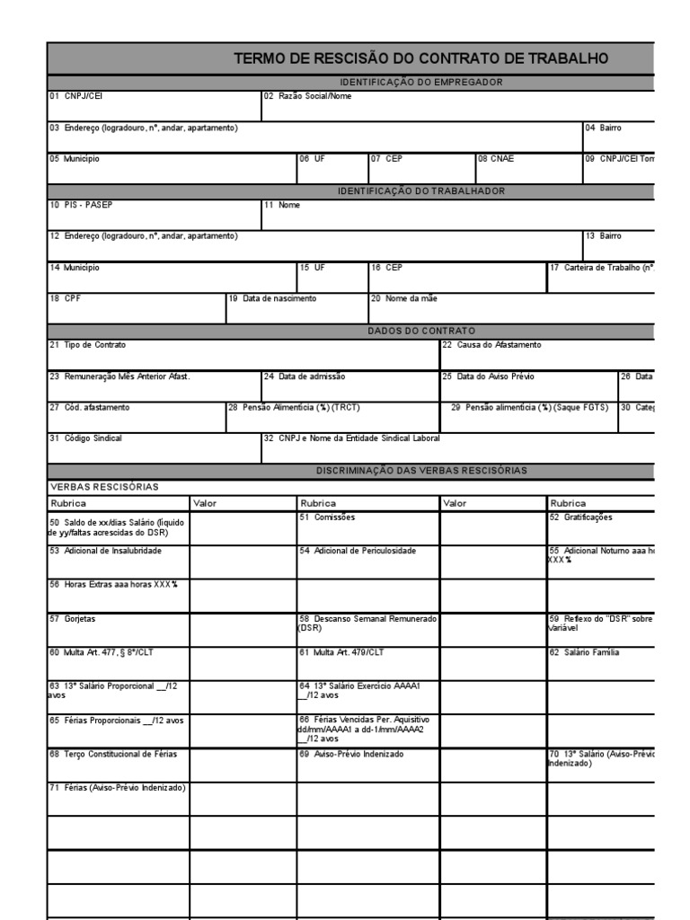 Formulário NOVO Termo de Rescisão do Contrato de Trabalho | Banco de ...