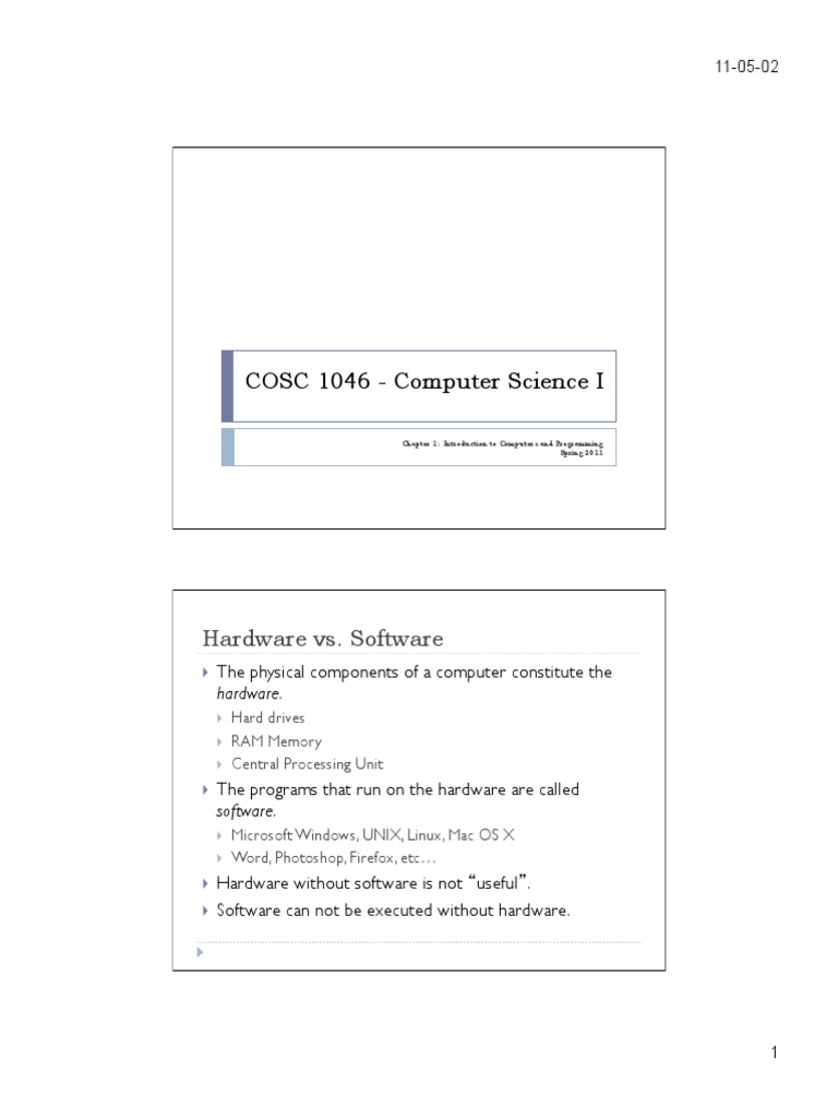 COSC 1046 - Computer Science I: Hardware vs. Software | PDF | Computer Data Storage | Computer ...