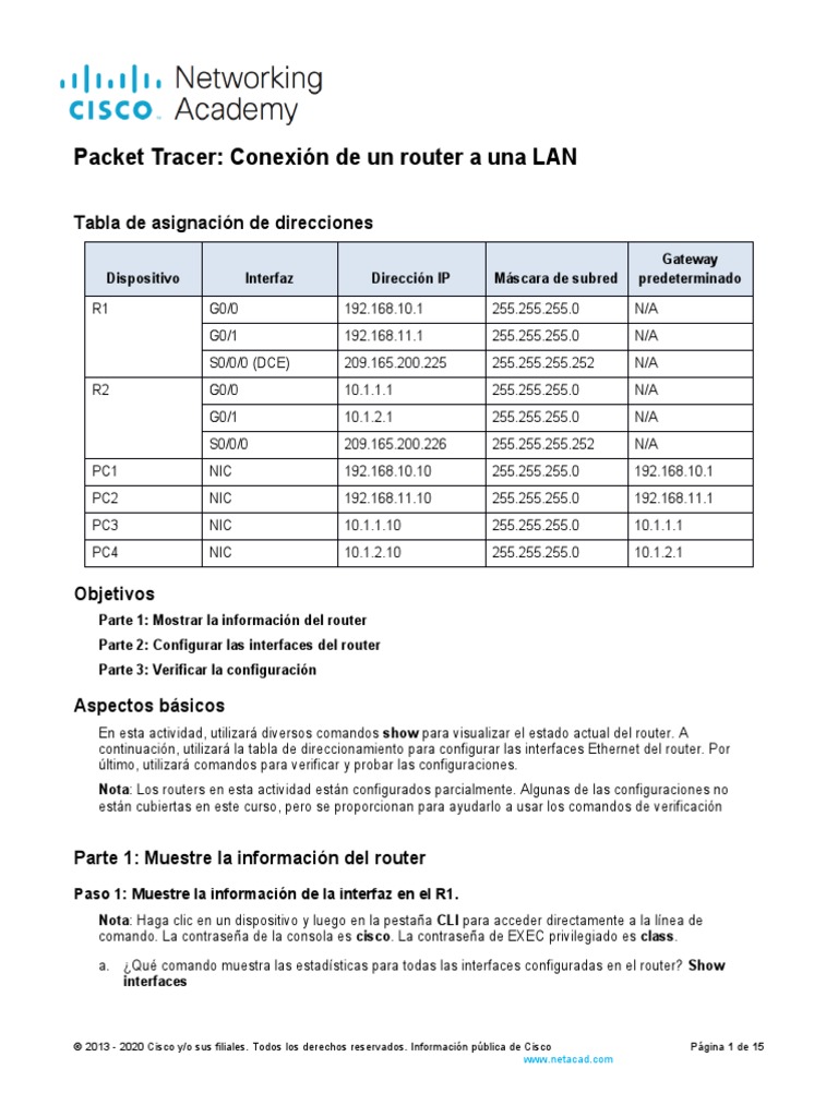 10.3.4 Packet Tracer - Connect A Router To A LAN | PDF | Enrutador (Computación) | Dirección IP