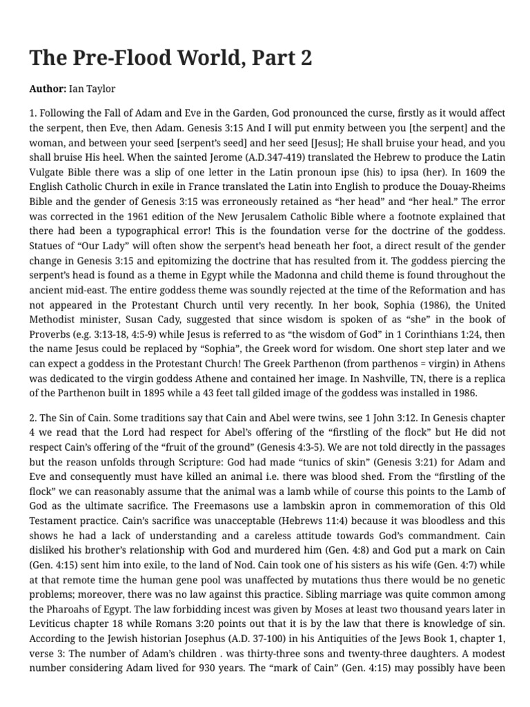 The Pre-Flood World, Part 2 - Creation Moments | PDF | Cain And Abel ...