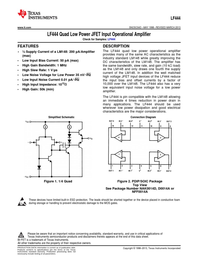 LF444 Quad Low Power JFET Input Operational Amplifier: Features ...