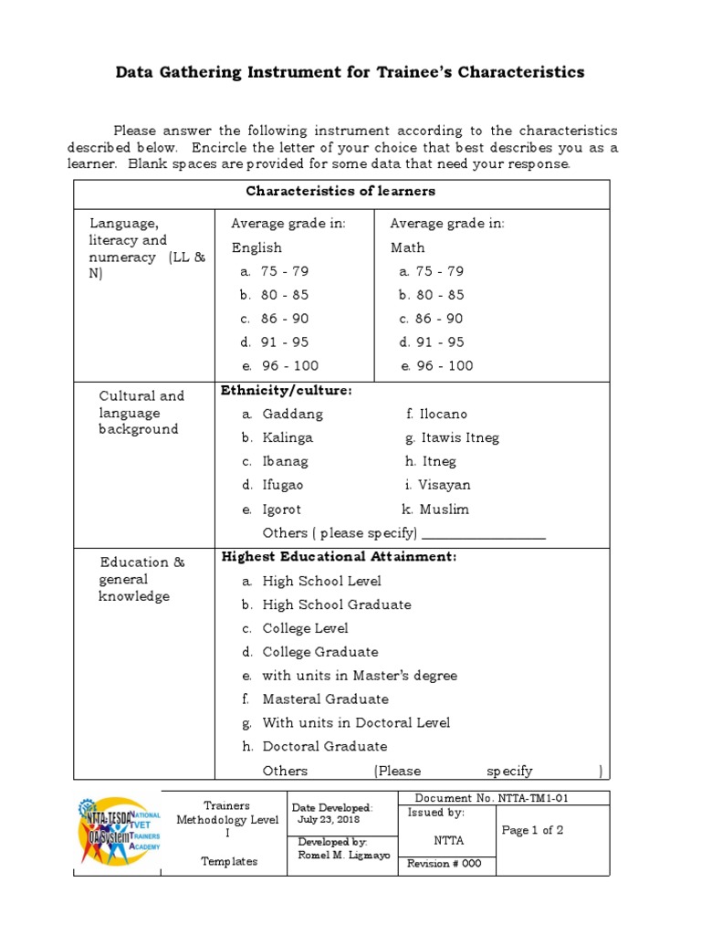 Trainee Characteristics Data Instrument | PDF | Behavior Modification ...
