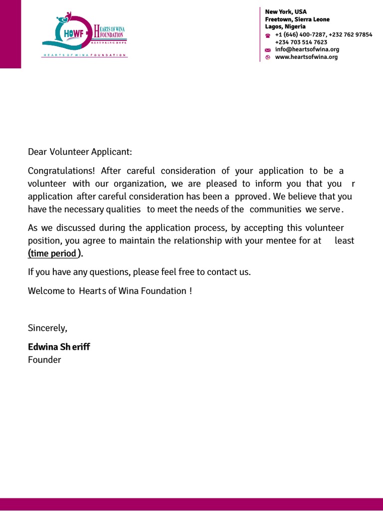 Volunteer Acceptance Letter | PDF
