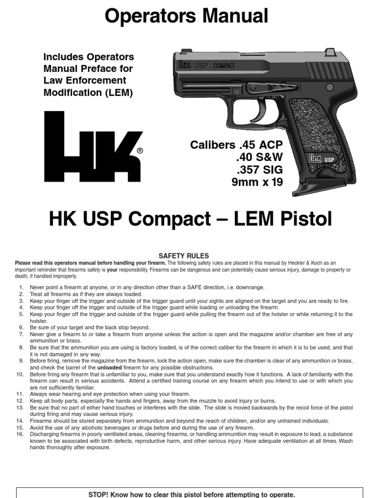 H&K USP Compact-LEM Semi-Automatic Pistol Manual | PDF | Trigger ...
