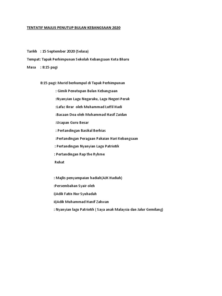 Tentatif Majlis Penutup Bulan Kebangsaan 2020 | PDF