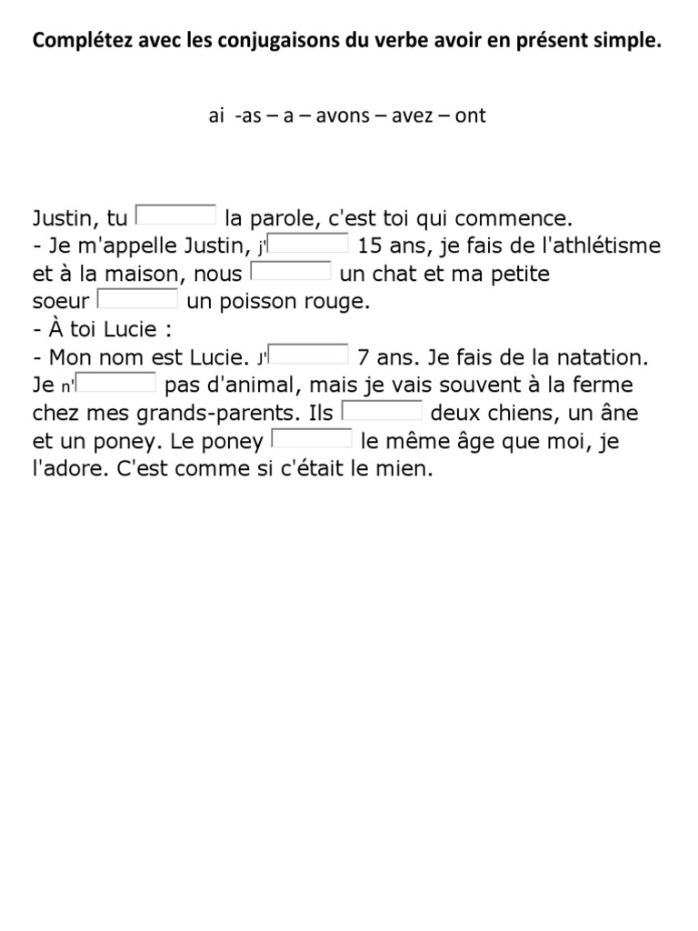 Complétez Avec Les Conjugaisons Du Verbe Avoir en Présent Simple | PDF