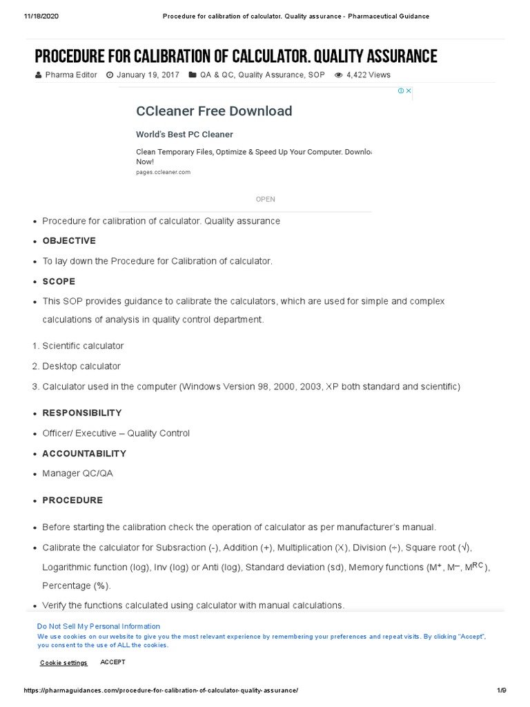 Procedure For Calibration of Calculator. Quality Assurance - Pharmaceutical Guidance | PDF ...
