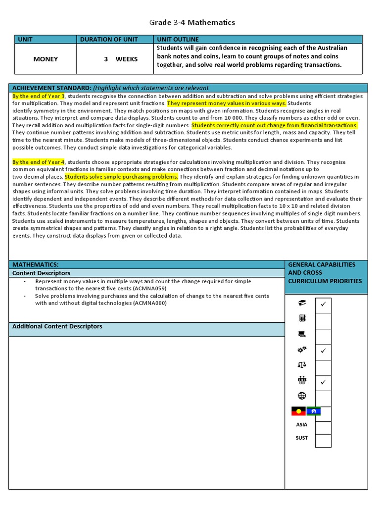 Maths Unit Plan - Money 2020 | PDF | Numbers | Multiplication