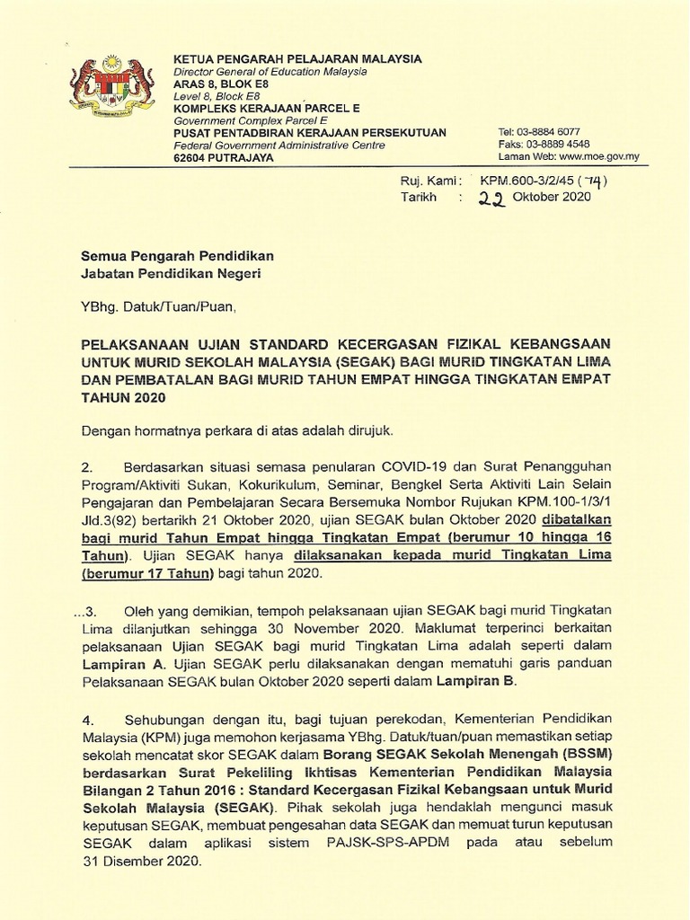 Pelaksanaan Segak Murid Tingkatan 5 Dan Pembatalan Segak Murid T4 | PDF