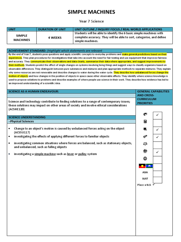 Science Unit Simple Machines 2018 | PDF | Machines | Science