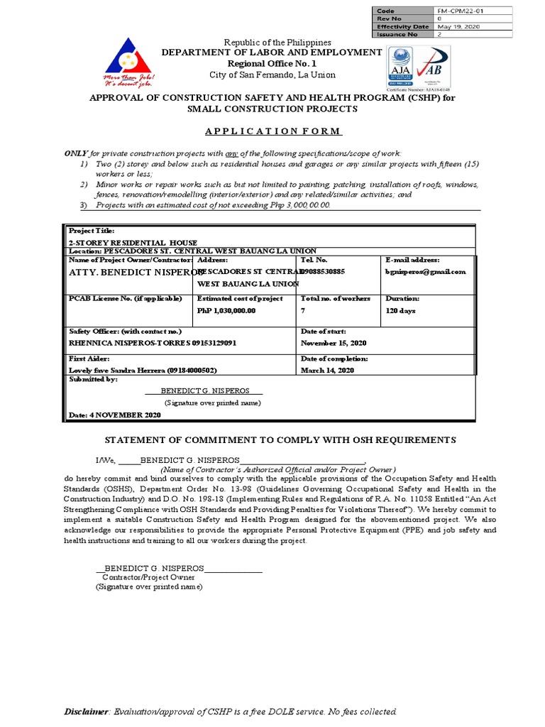 Cshp Dole Comprehensive Construction Safety And Health Program (CSHP