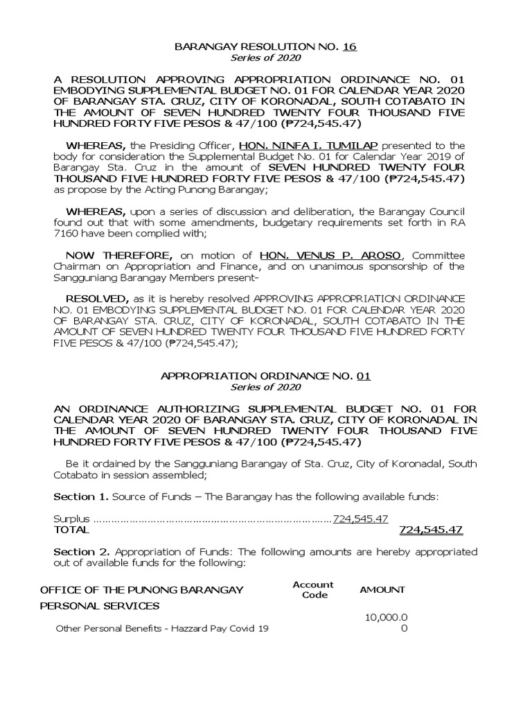 Supplemental Budget Approval for Barangay Sta. Cruz | PDF | Government ...