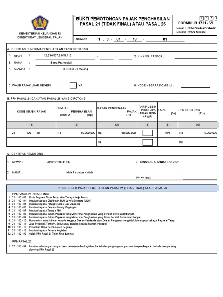 Formulir 1721-VI (Bukti Pemotongan PPH PSL 21 Untuk Peneriman ...