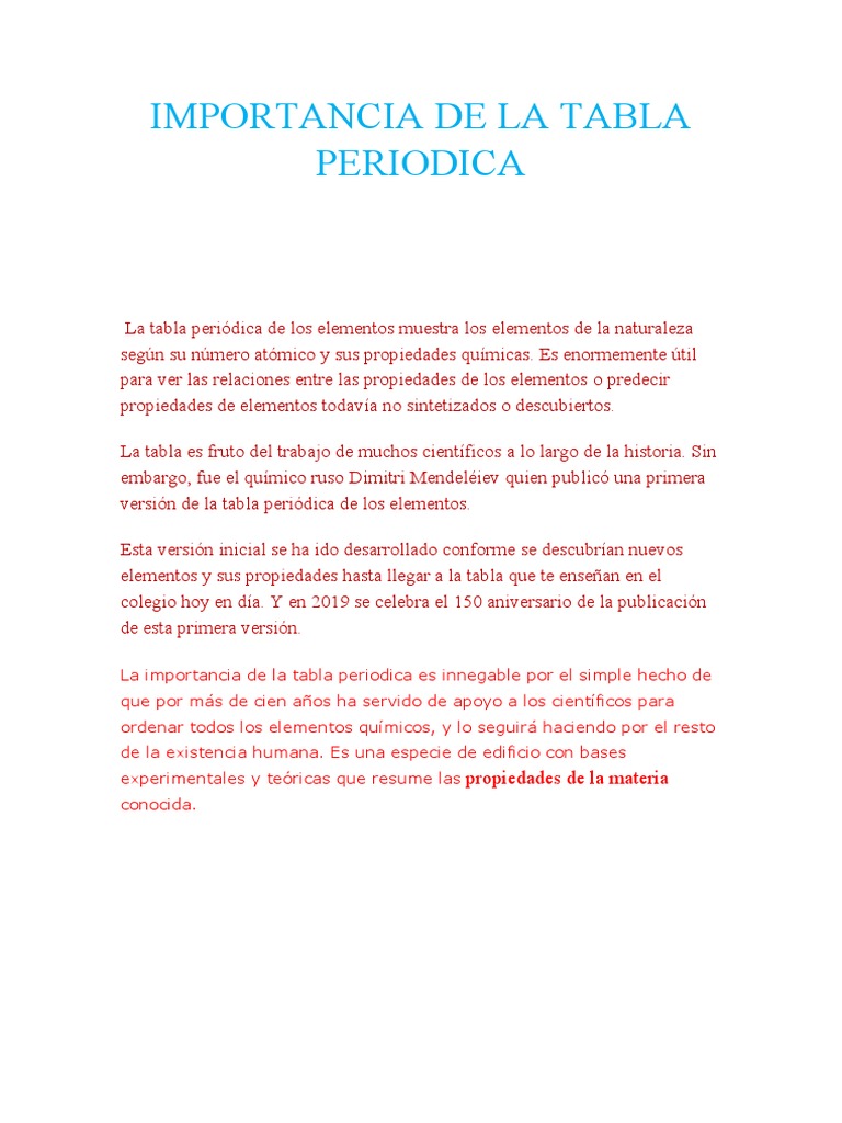 Importancia de La Tabla Periodica | PDF | Tabla periódica | Elementos ...