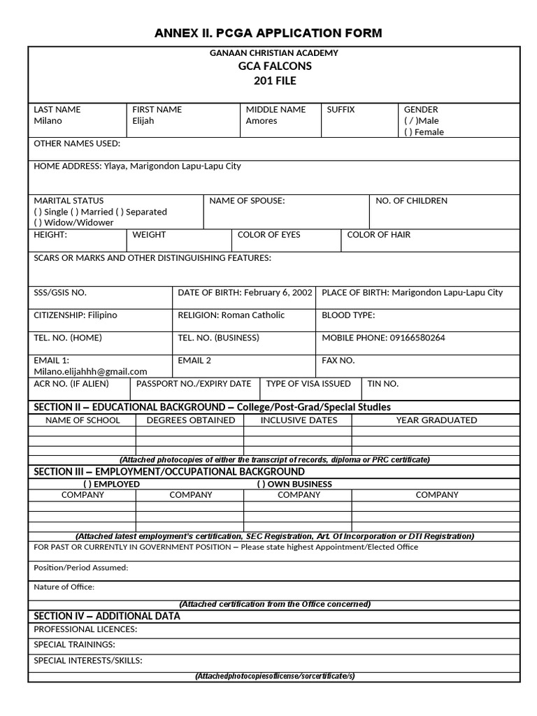 Annex Ii. Pcga Application Form Gca Falcons 201 FILE: Ganaan Christian Academy | Download Free ...
