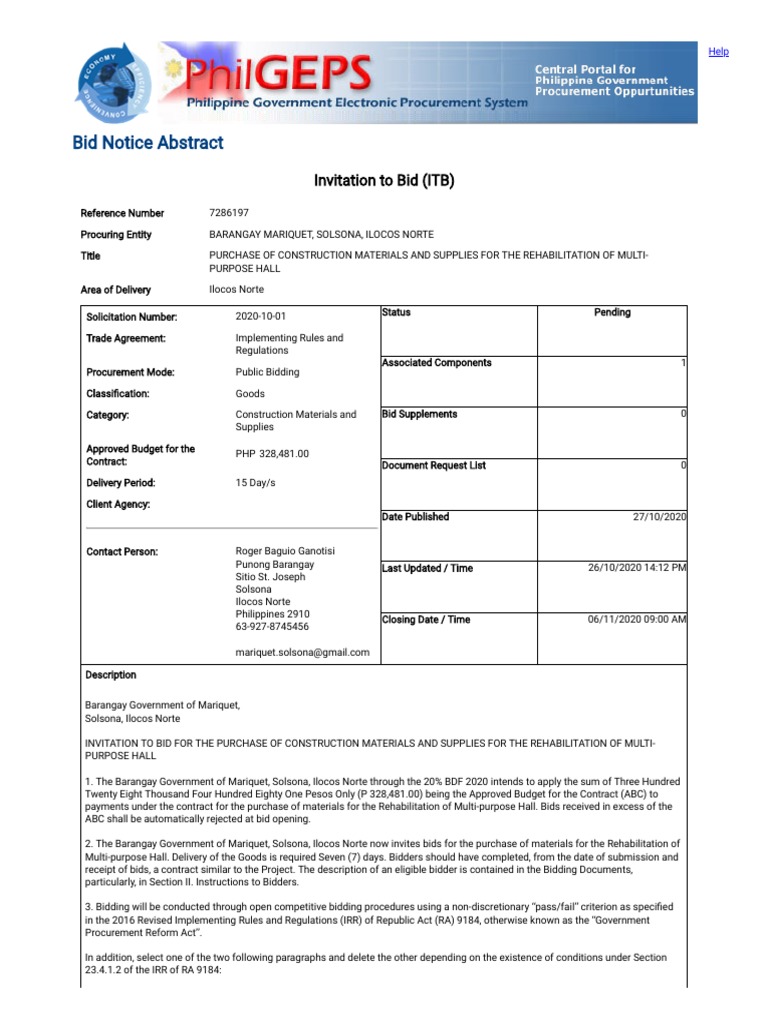 Bid Notice Abstract: Invitation To Bid (ITB) | PDF | Paint | Materials