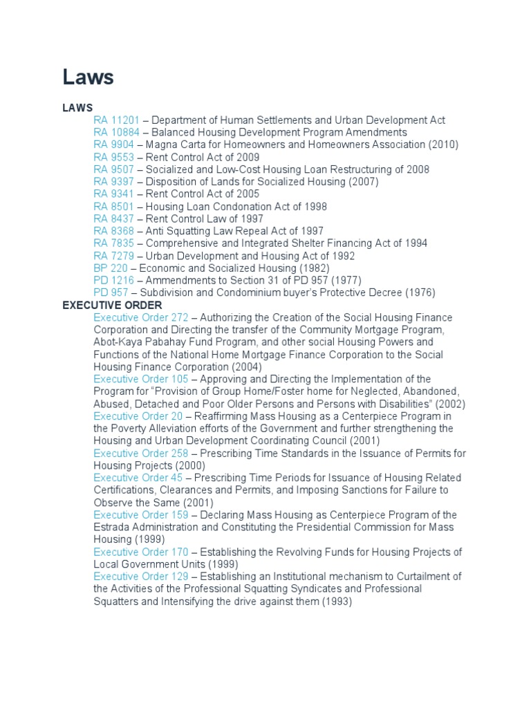 Laws Related To Dshud | PDF | Executive Order | Public Housing