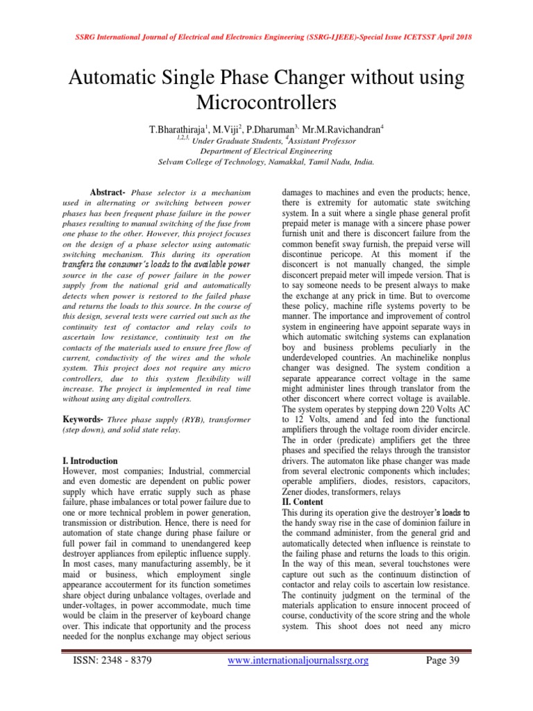 Automatic Single Phase Changer Without Using Microcontrollers | PDF ...