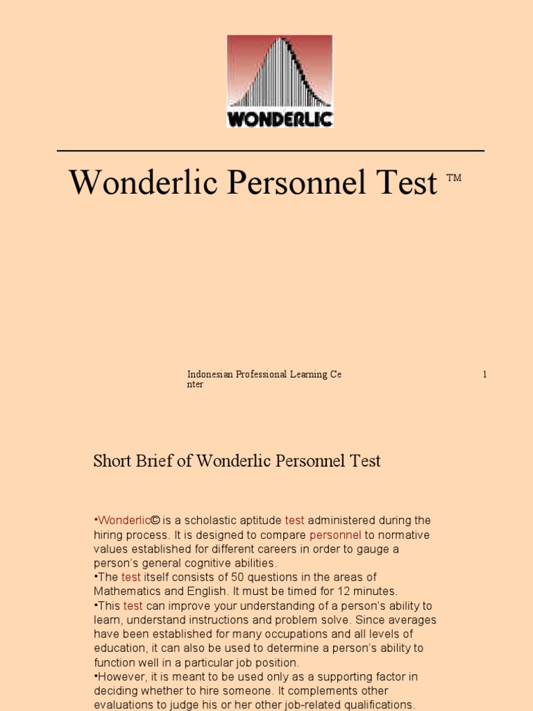 Wonderlic Personnel Test: Indonesian Professional Learning Ce Nter 1 ...