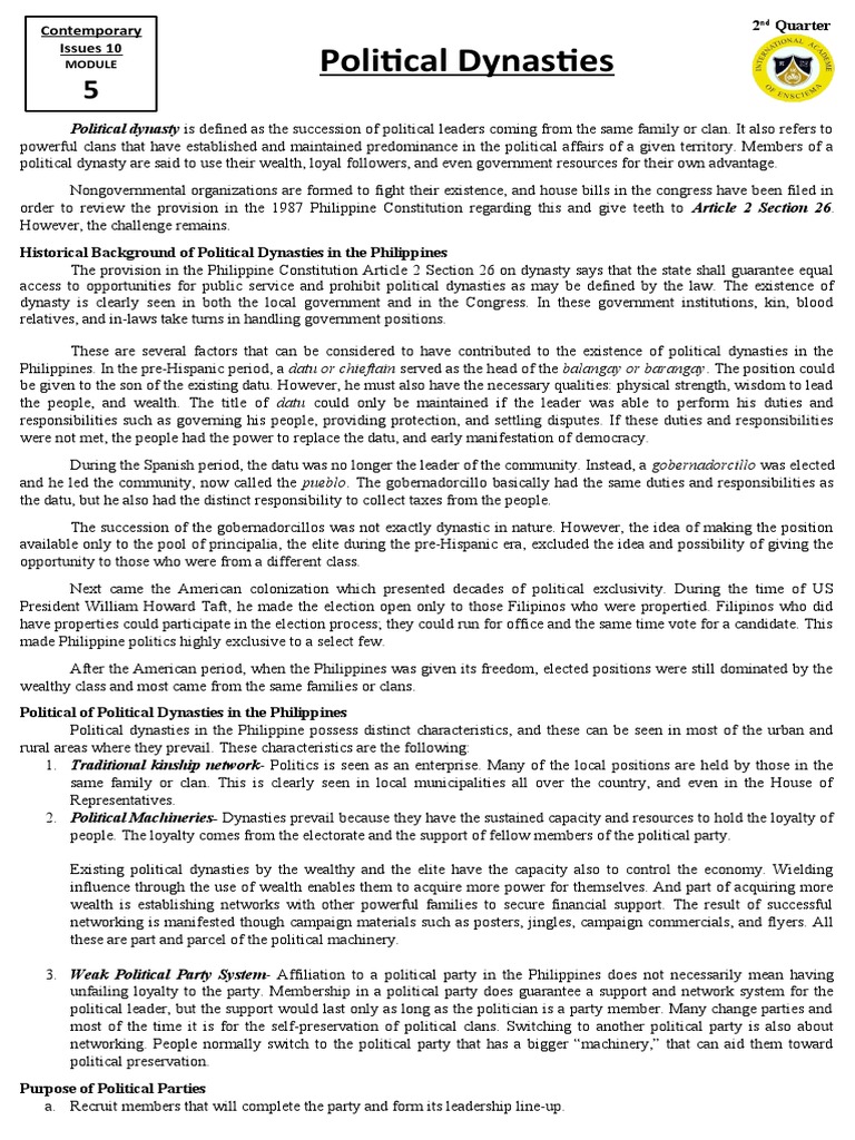 Module 5 - Political Dynasty | PDF | Philippines | Elections