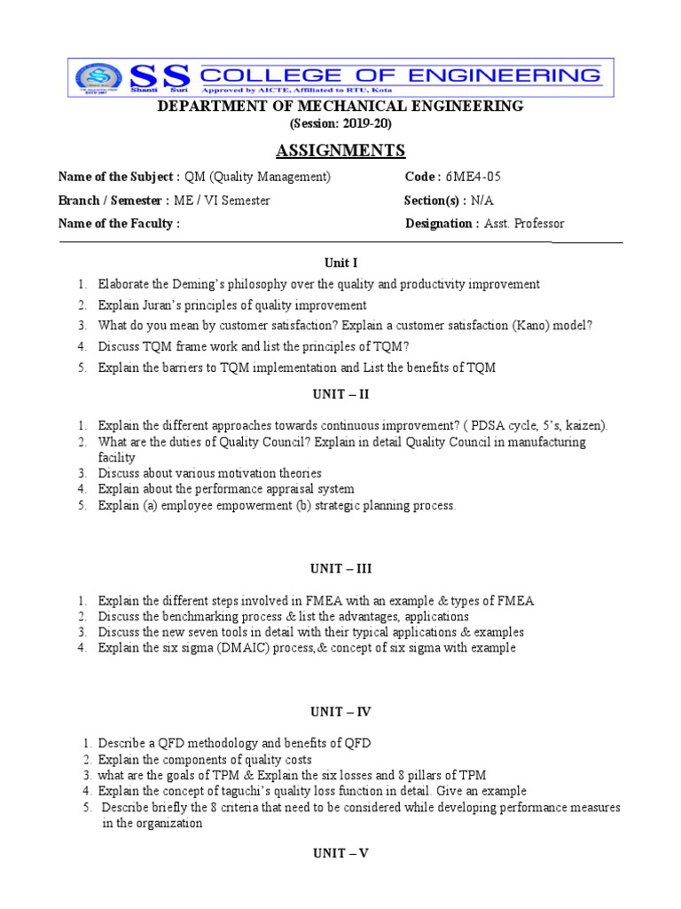 8 QM Assignment Unit Wise | PDF | Quality Management | Quality ...