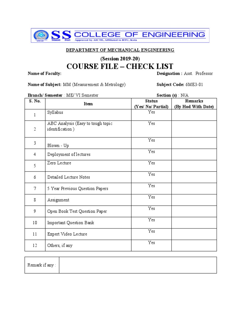 Course File - Check List: (Session 2019-20) | PDF