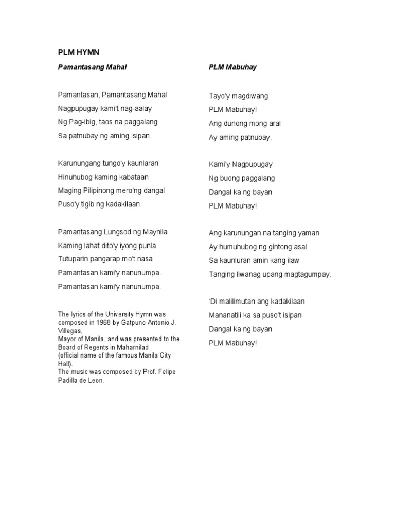 PLM Hymn: Pamantasang Mahal PLM Mabuhay | PDF
